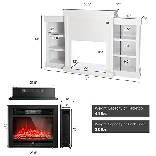 Tangkula 70" Mantel Fireplace TV Stand, 750W/1500W Electric Fireplace Heater Insert Cabinet w/Remote Control, 1-8H Timer, 5-Brightness & 3-Color Flame, Media Console Center w/Open Shelves (White)