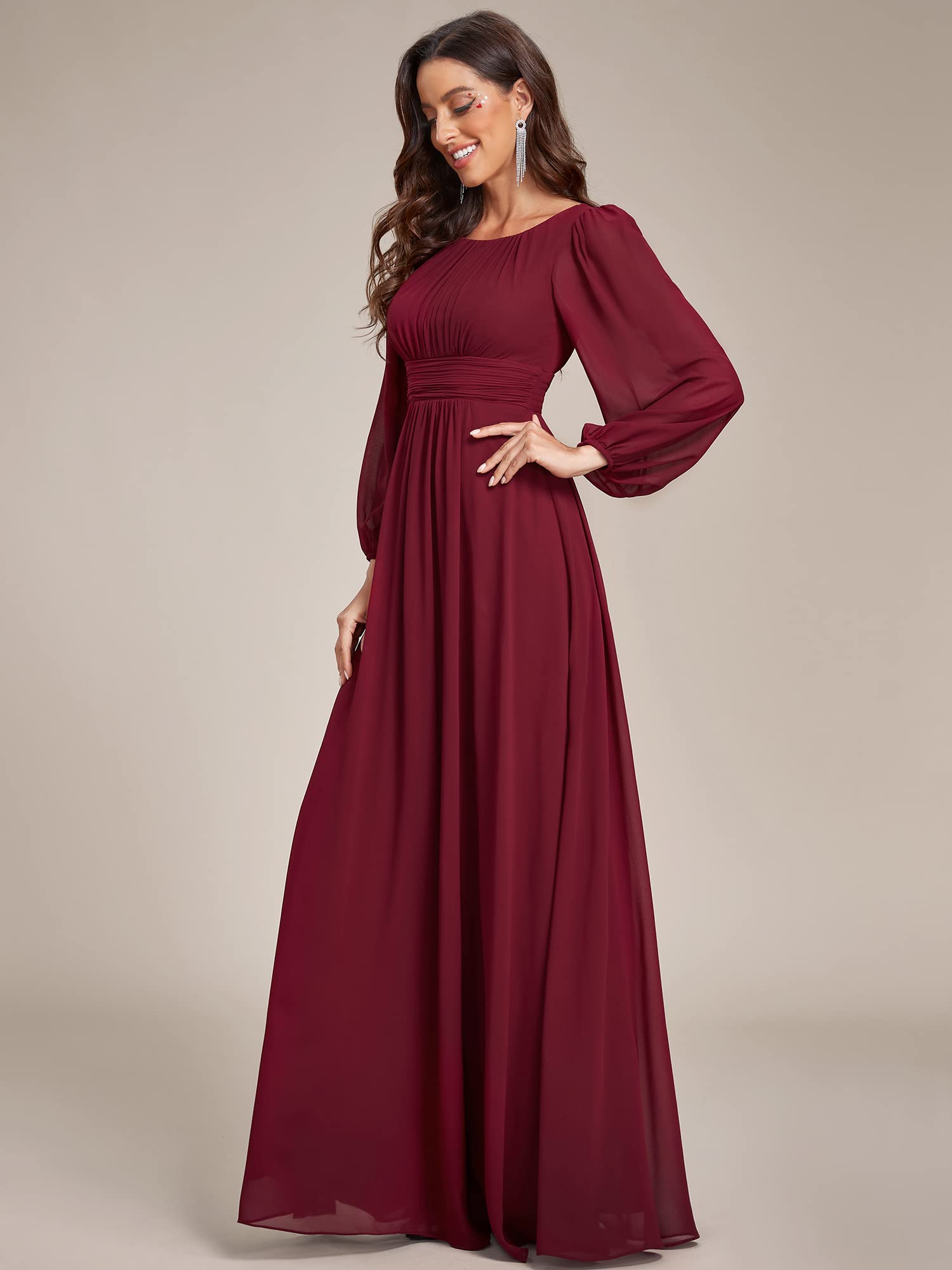 Ever-Pretty Women's Classic A-Line Chiffon Ruched Long Formal Dress with Sleeves Burgundy US10