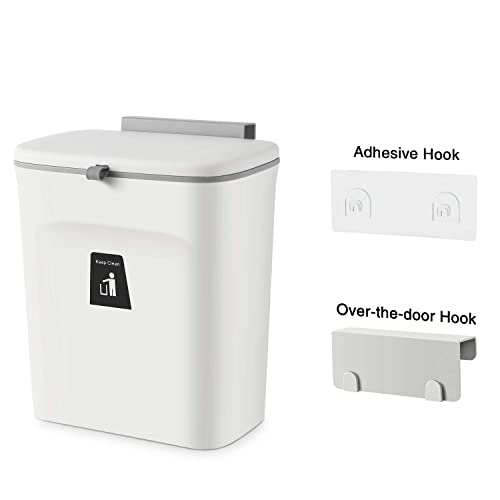 WDPUCHU 2.4 Gallon Hanging Trash Can for Kitchen Cabinet Door with Lid, Small Under Sink Garbage Can for Bathroom, Wall Mounted Counter Waste Compost Bin (White)