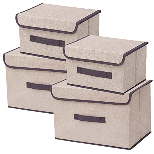 weallbuy Storage Bins with Lids Cloth Pack of 4 Foldable Storage Boxes Organizer Bins for Wardrobe, Clothes, Toys, Books, Cosmetics (Beige)