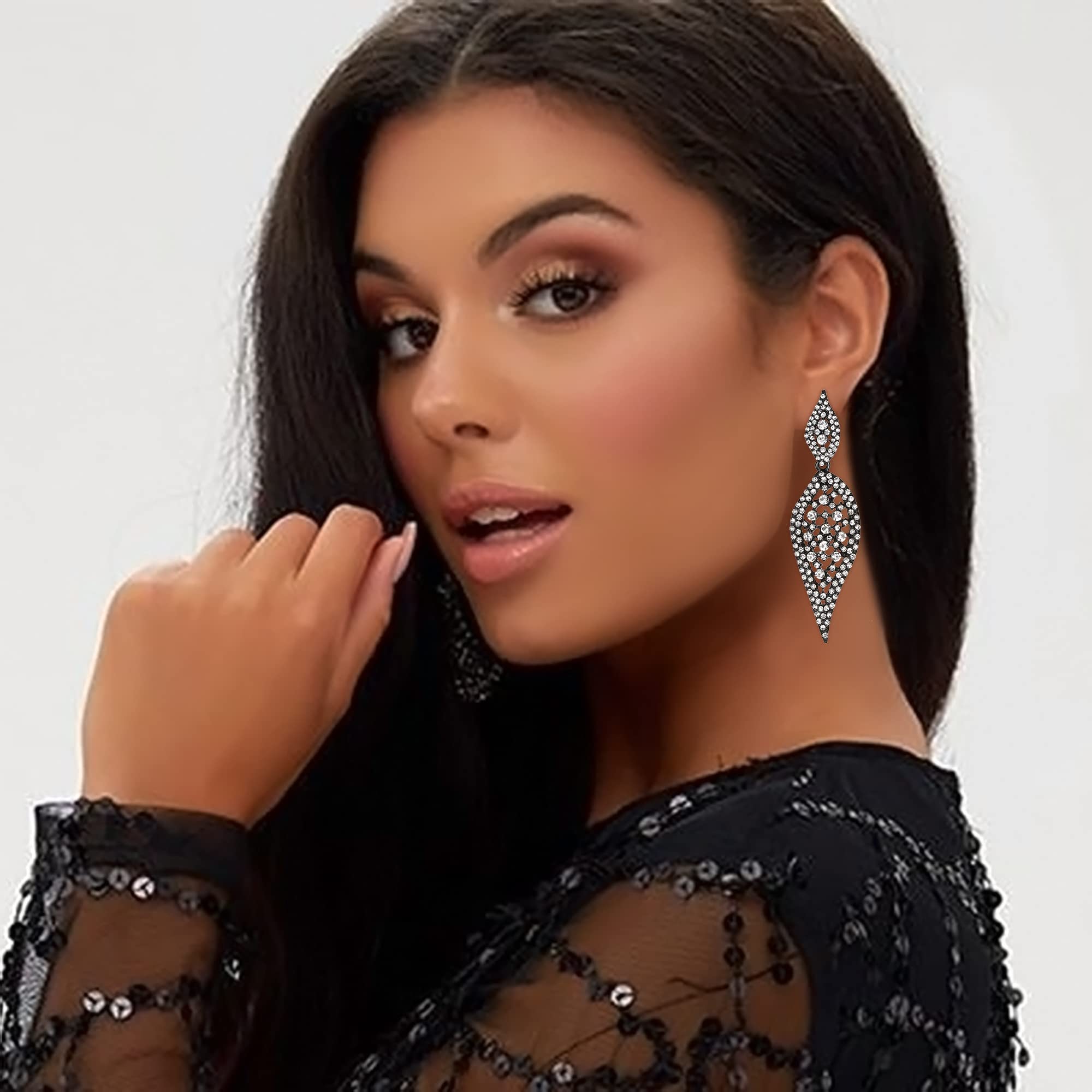 EVER FAITH Chandelier Earrings Round Rhinestone Hollow-out Leaf Drop Pierced dangle Earrings for Costume Jewelry Clear Black-Tone