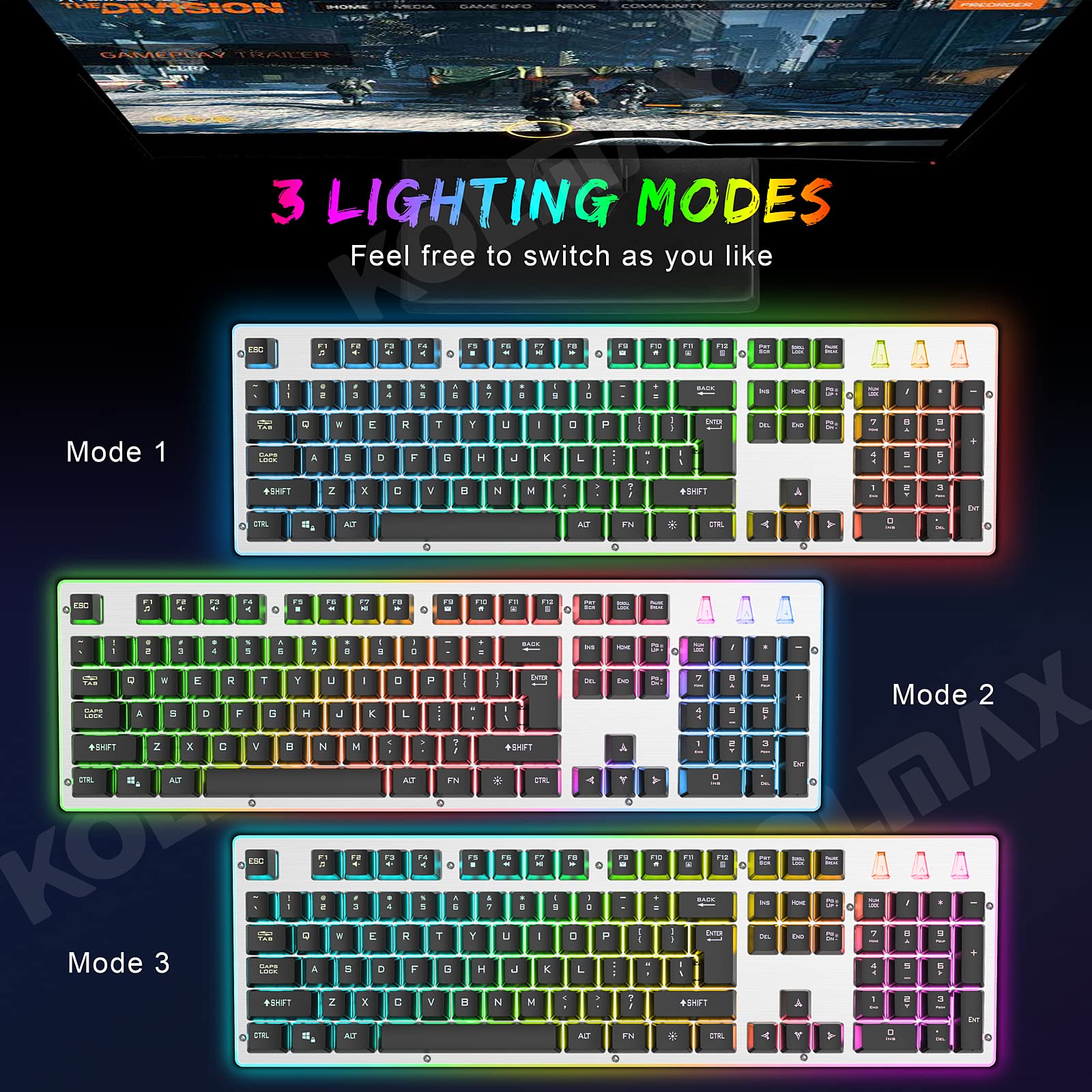Gaming Keyboard Colorful Rainbow LED Backlit Keyboard with Ergonomic Detachable Wrist Rest,Transparent Aluminum Panel Keyboard with Mechanical Feeling 104 Keys for PC PS4 Xbox Mac,Office/Gaming