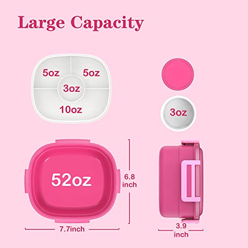 Stackable Salad Lunch Containers With Ice Pack, 1.3L Salad Bowls Bento Box Lunch Container with 4 Compartments Tray, 3oz Sauce Container for Dressings, Built-In Reusable Fork & BPA-Free (Pink)