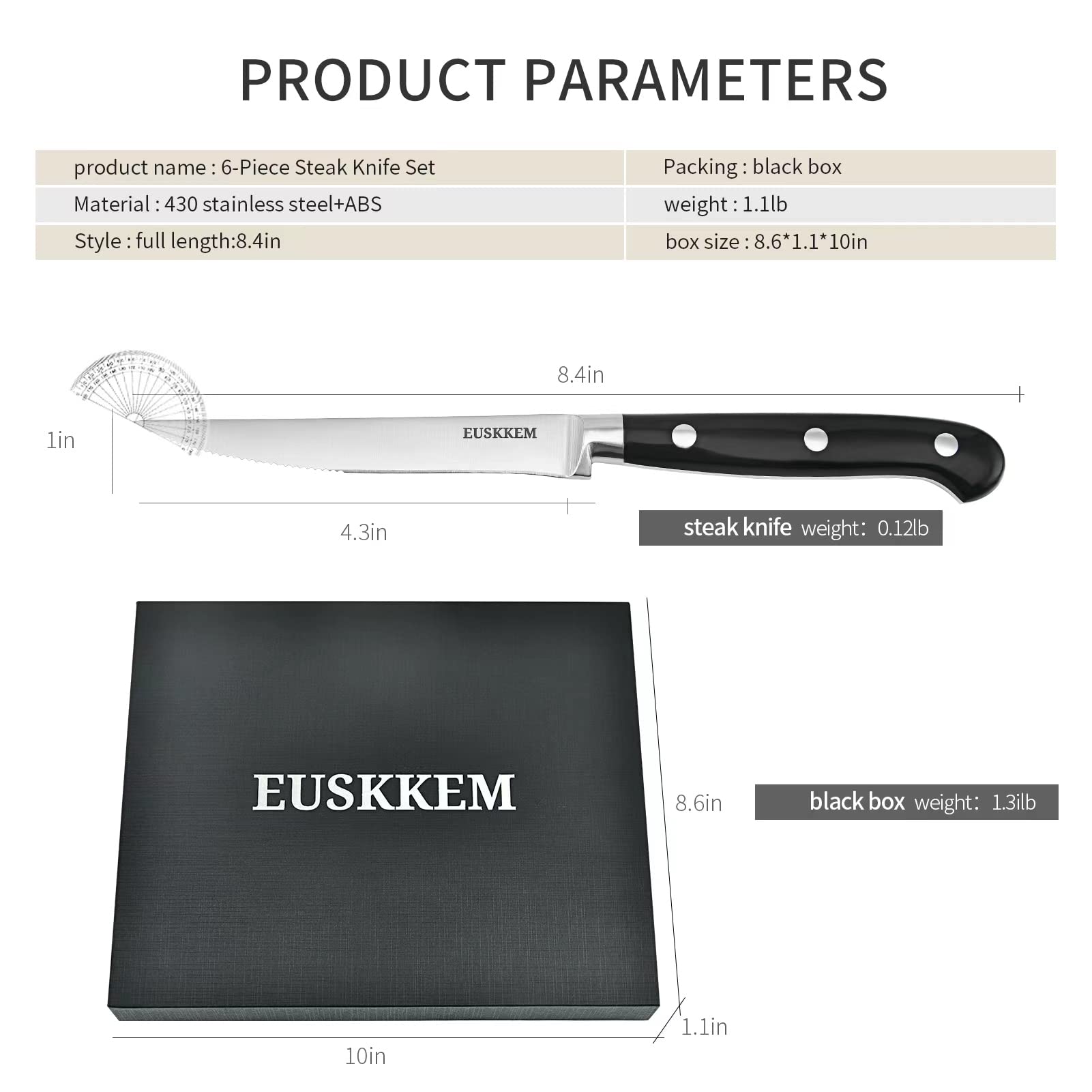 EUSKKEM Steak Knives Set of 6,Steak Knife Set,Durable Full Tang Steak Knives,Sharp Flatware Steak Knives