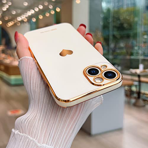Teageo Compatible with iPhone 13 Case for Women Girl Cute Love-Heart Luxury Bling Plating Soft Back Cover Raised Full Camera Protection Bumper Silicone Shockproof Phone Case for iPhone 13, White