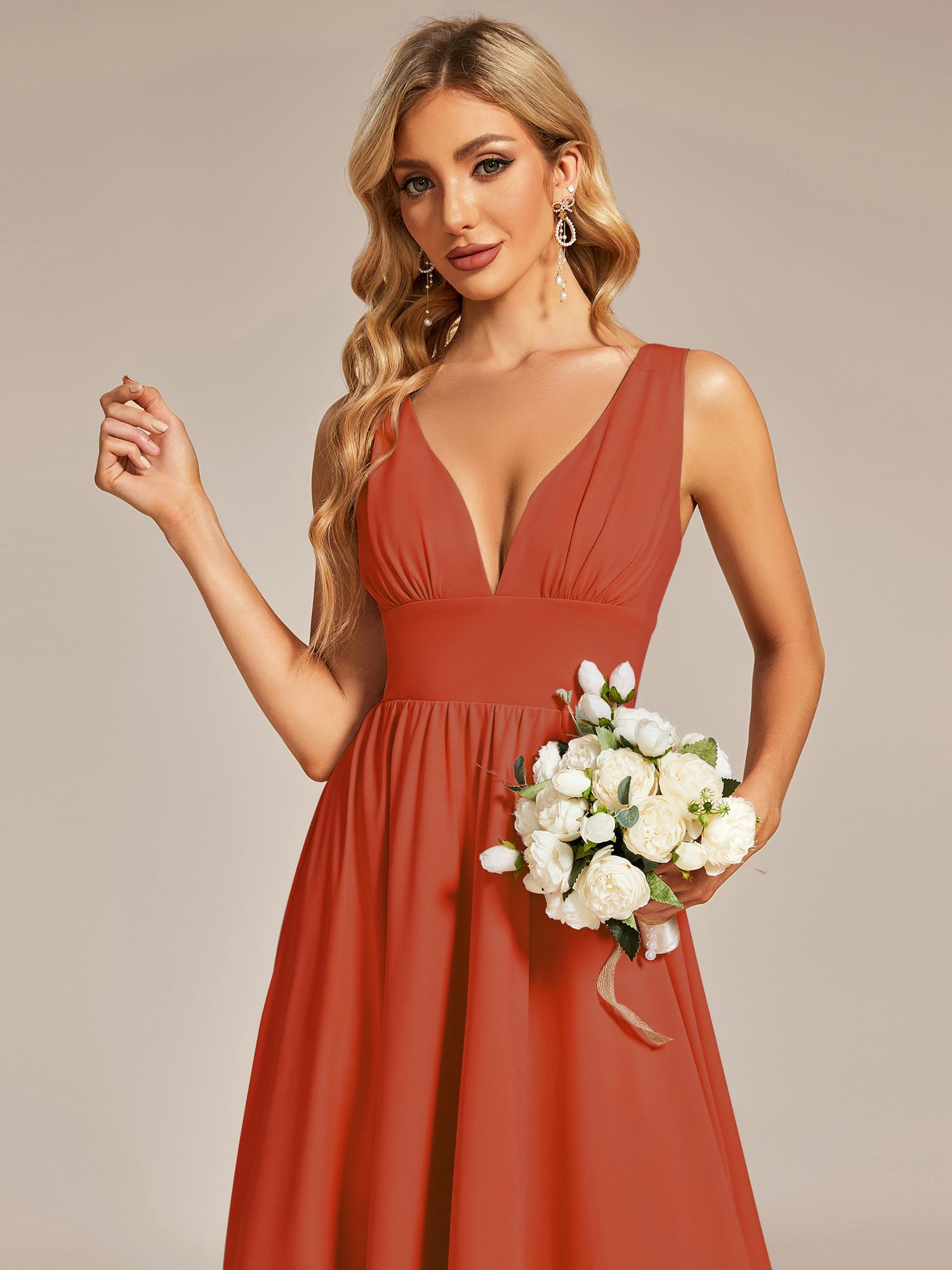 Ever-Pretty Women's Plus Size Ruched V Neck A-Line Hi-Lo Summer Bridesmaid Dresses Burnt Orange US20