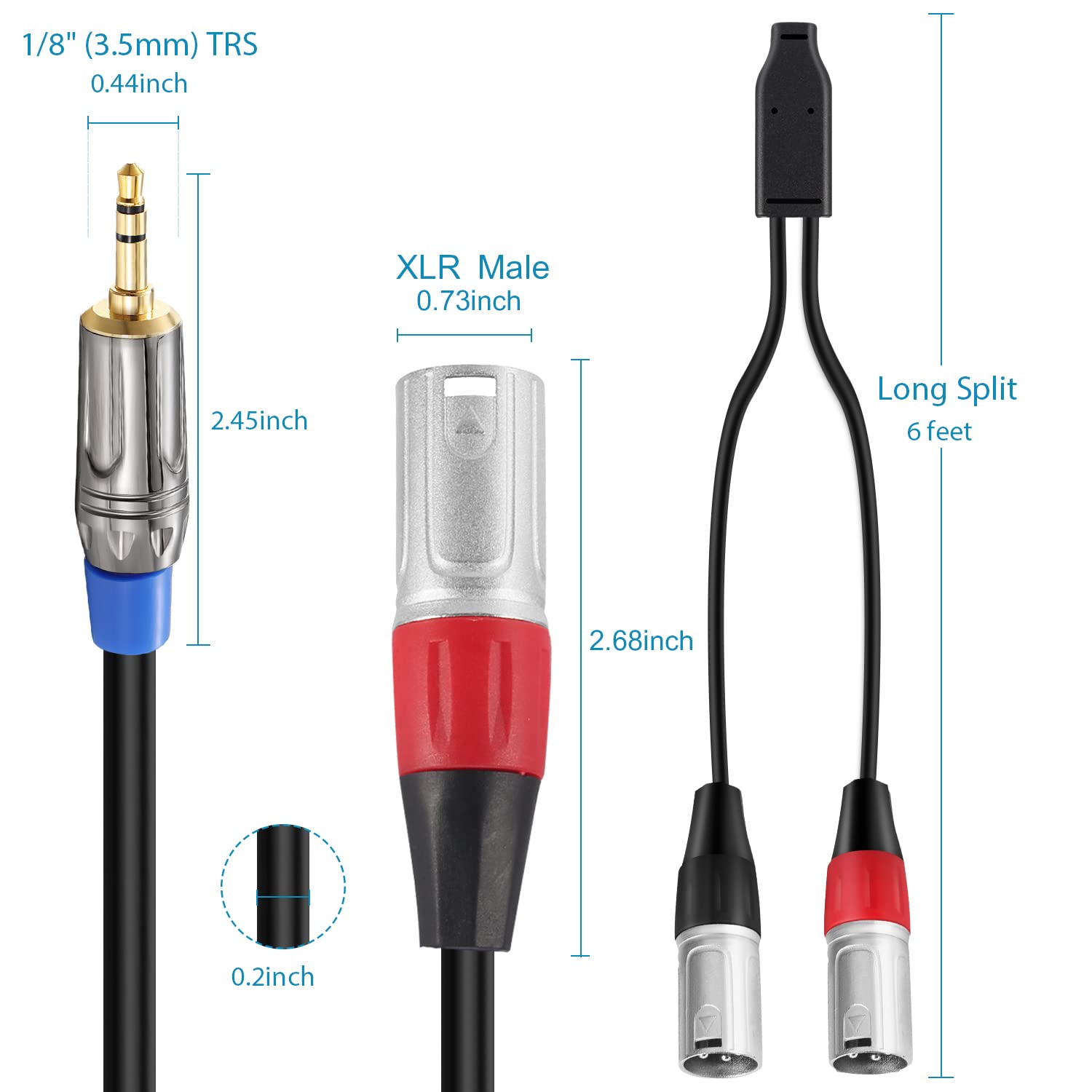 Devinal 3.5mm to 2 XLR Interconnect Cable 1/8 inch Mini Jack to Dual XLR Male Y Splitter Adapter Cord aux TRS to Two XLR Male Breakout Microphone Cable 10 FT, six feet Separation for Each XLR end