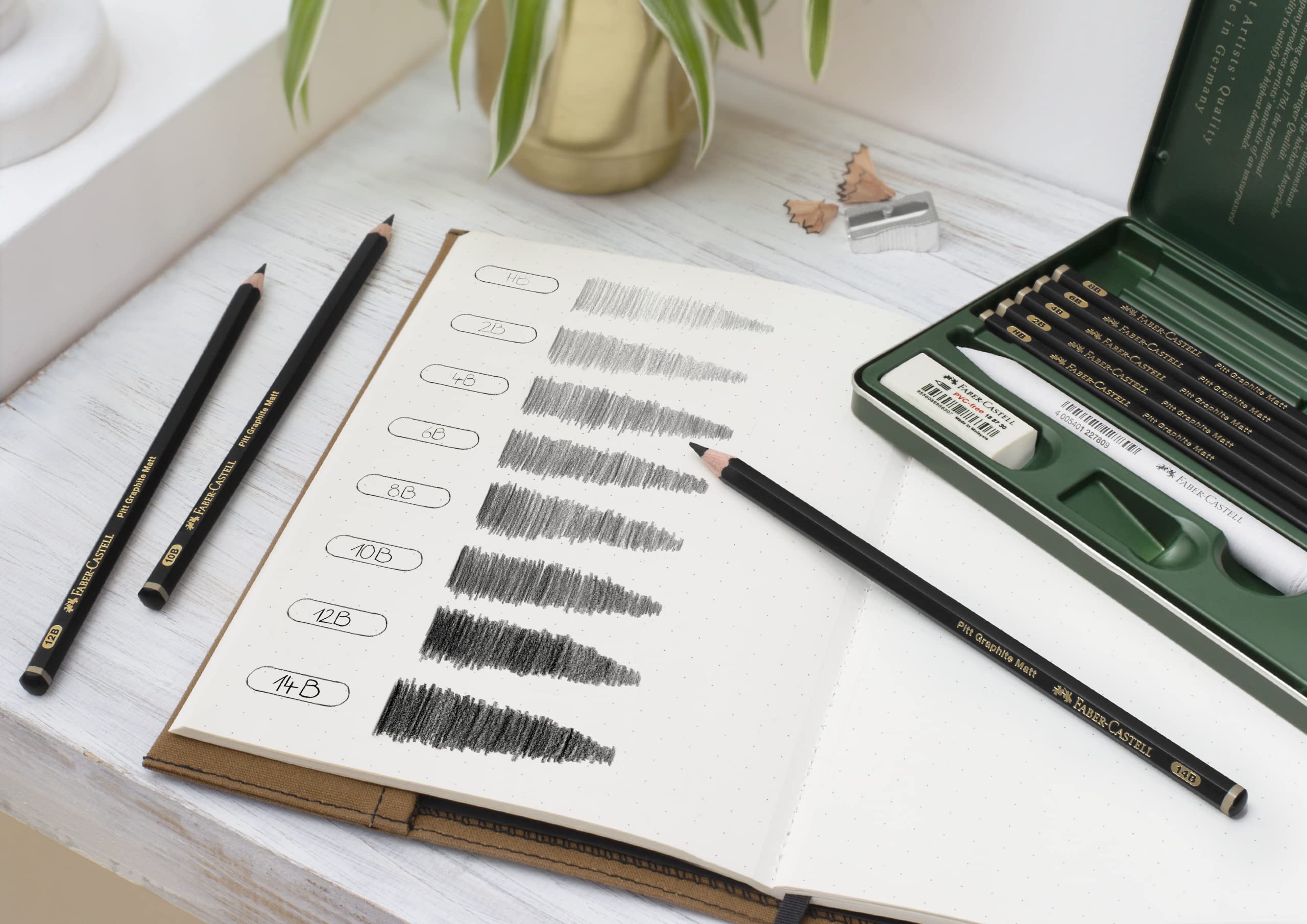 Faber-Castell Pitt Graphite Matte Pencil Set, Metal Tin of 8 Graphite Pencils and Sketching Accessories (HB, 2B, 4B, 6B, 8B, 10B, 12B, 14B), Pencil Sharpener, Eraser and Blending Stump