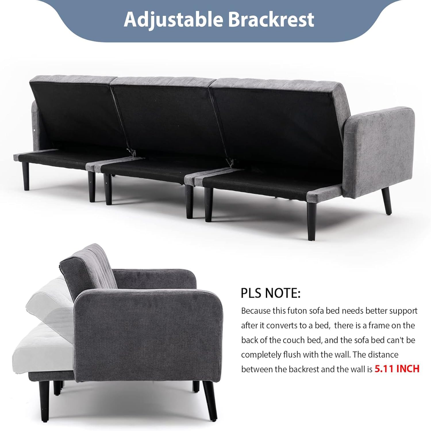 KissAir Modern Linen sectional Convertible Sofa Bed Reversible Sectional Sofa Sleeper Mid-Century Upholstered Comfy Couches for Living Room w/Chaise Lounge,Split-Back,Removable Armrests(Dark Grey)