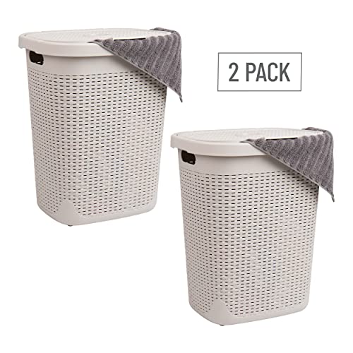 Mind Reader Basket Collection, Slim Laundry Hamper, 50 Liter (15kg/33lbs) Capacity, Cut Out Handles, Attached Hinged Lid, Ventilated, Set of 2, 17.65"L x 13.75"W x 21"H, Ivory
