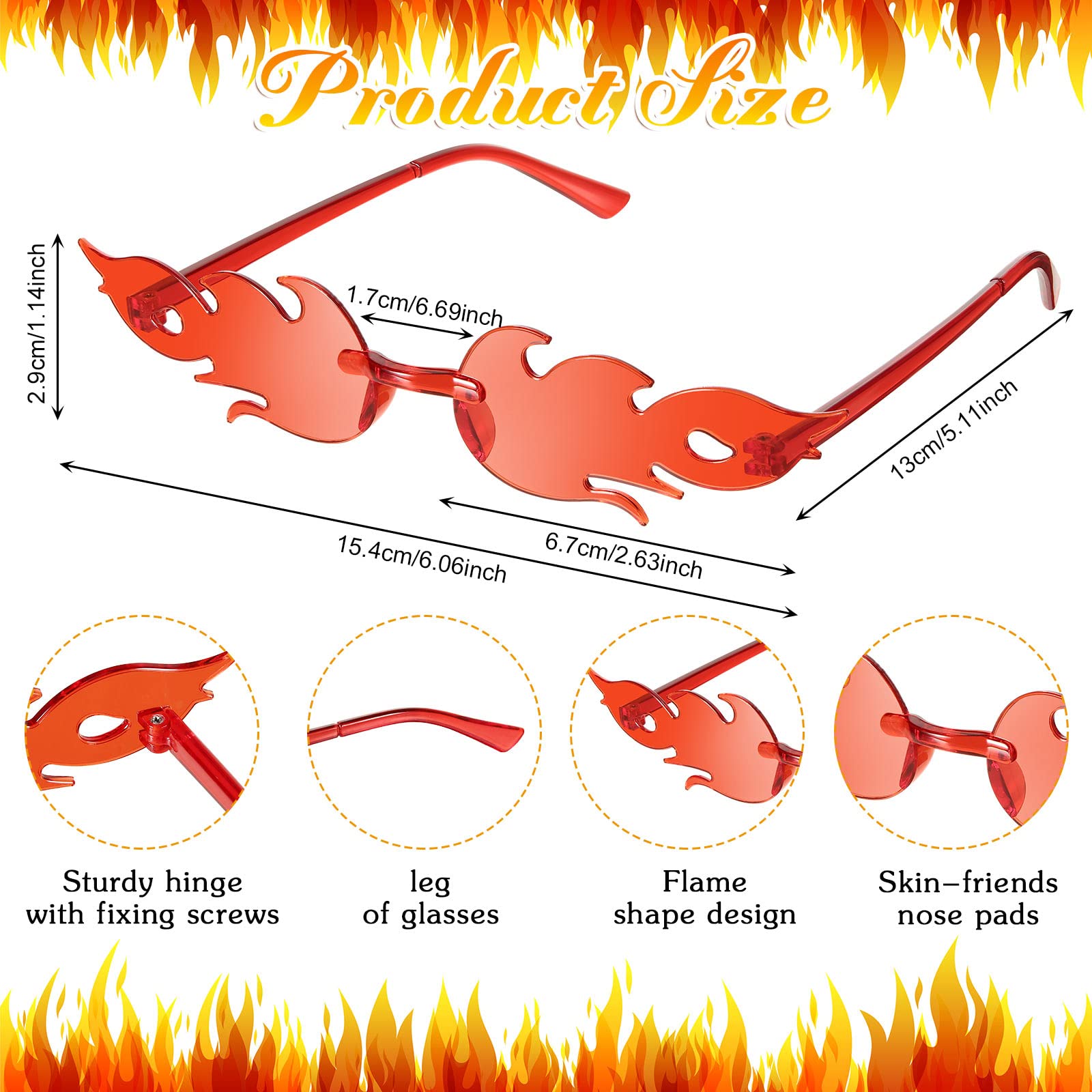 EBOOT 48 Pairs Fire Flame Sunglasses Novelty Flame Sunglasses Rimless Sunglasses for Women Men Halloween Party (Red)