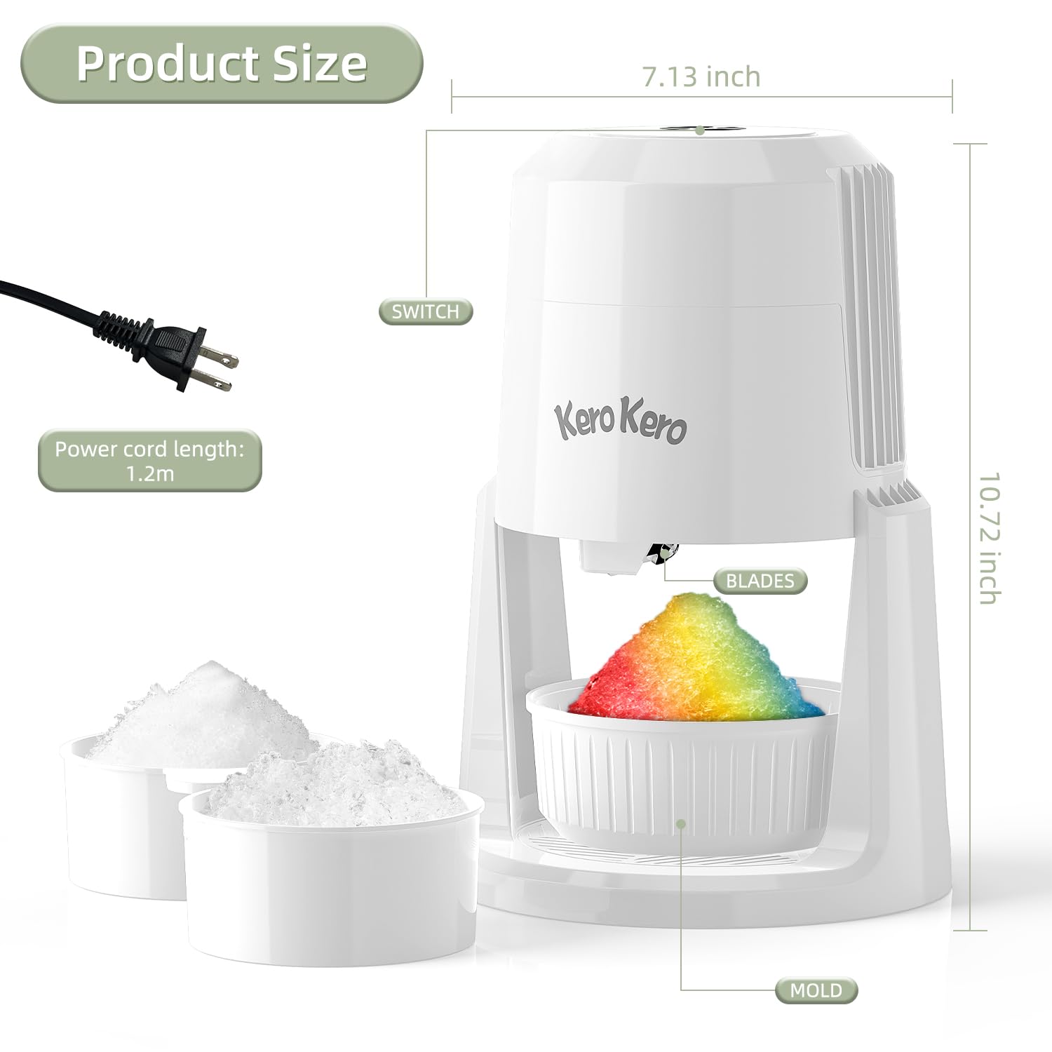 Kero Kero Shaved Ice Machine, Multi-Purpose Ice Shaver Machine with Adjustable Blade, Snow Cone Machine for Homemade Shaved Ice, Slushie Machine, Snowcone Machines for Kid with Reusable Ice Mold.white