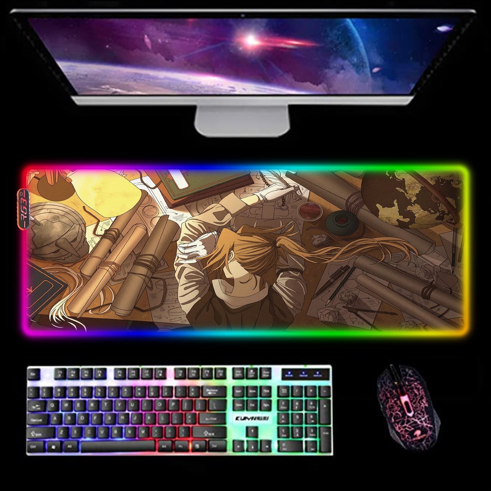 Gaming Mouse Pads Fullmetal Alchemist Mouse Pad RGB Mouse Pad Large Keyboard Desk Mat Led Gaming Accessories Computer Mat with 14 Lighting Modes 30X80Cm/L
