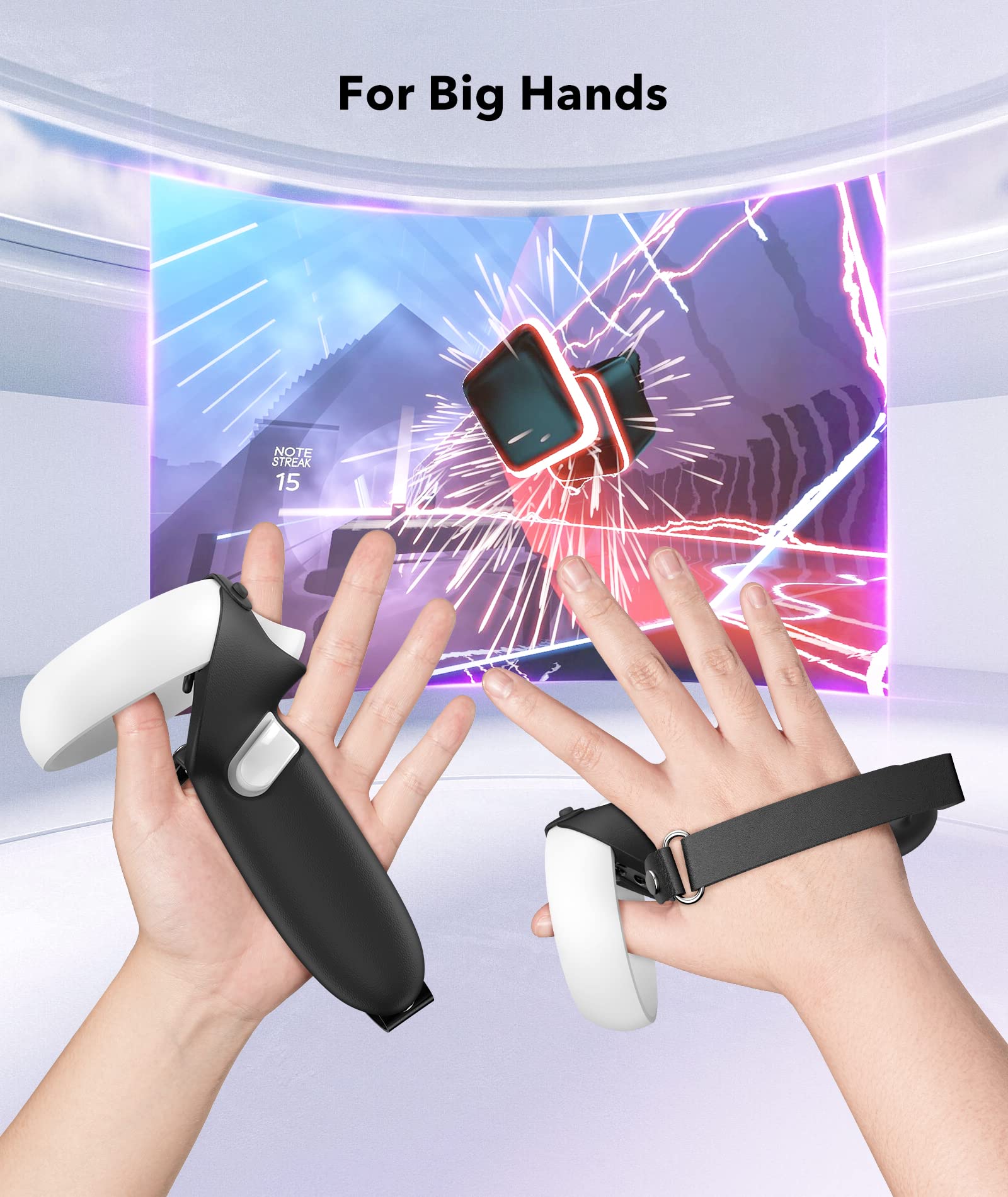 Extended 1.56" Controller Grips for Oculus Quest 2 VR Anti-Throw Grip Cover Suitable for Large Hands with Battery Opening & Adjustable Knuckle Straps Accessories for Meta Quest 2 (Black)