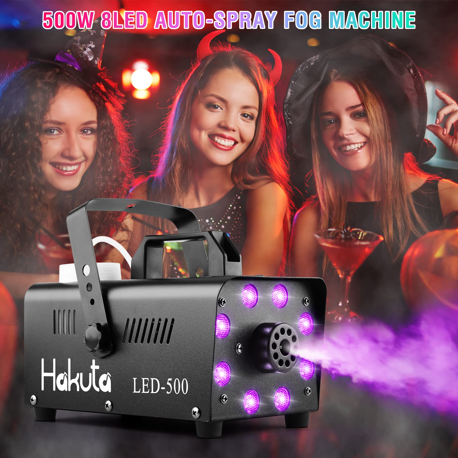 Fog Machine, HAKUTA Automatic Spray Smoke Machine with 8 LED Lights and 13 Colorful LED Lighting Effects, 500W and 2000CFM Fog LED Fog Machine, Perfect for Wedding, Christmas, Halloween, Performance