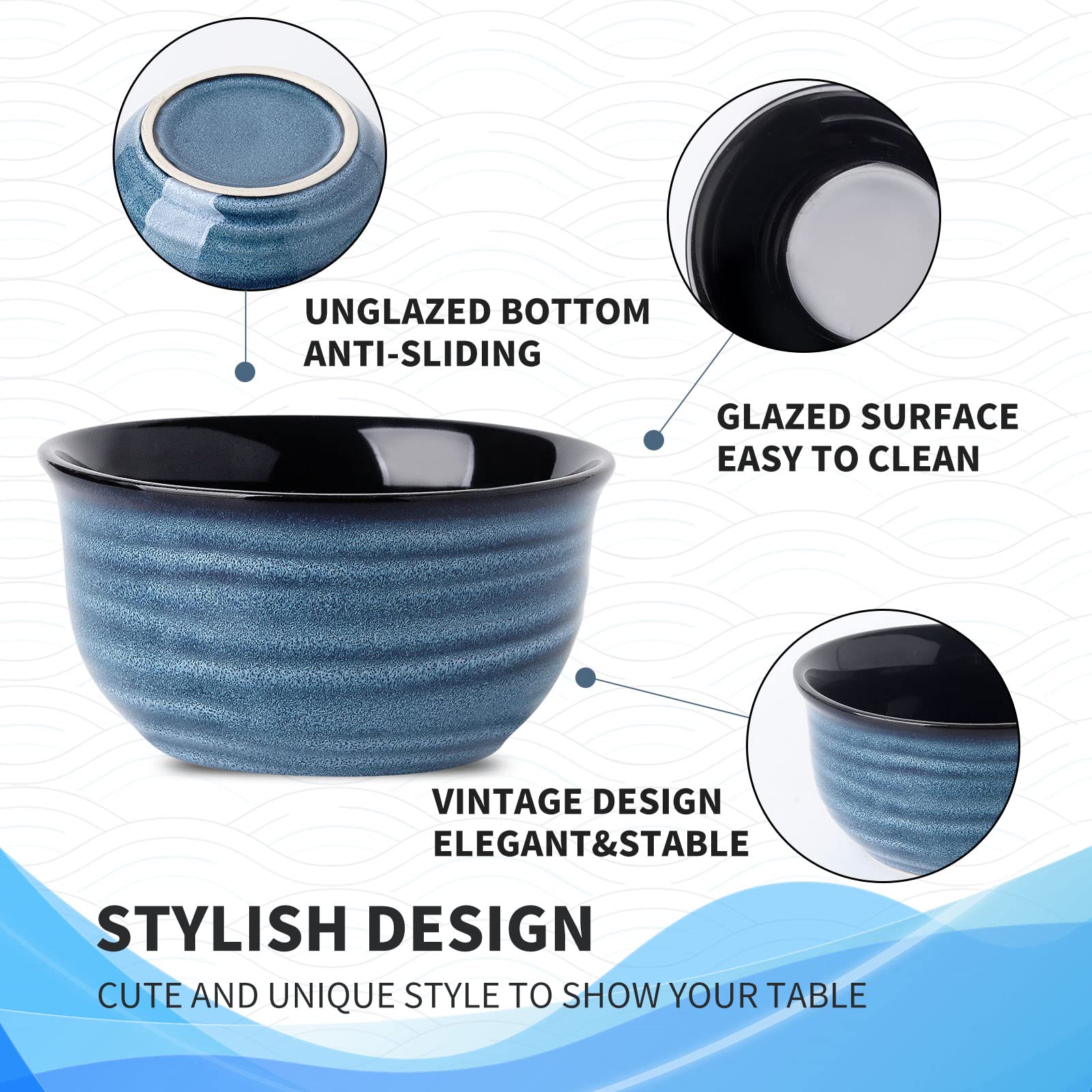 Hasense 10 oz Ceramic Dessert Bowls, Small Ice Cream Bowls, Portion Control Bowls for Kitchen Cereal Soup Rice Side Dishes, Dishwasher Microwave Safe, Set of 6, Blue