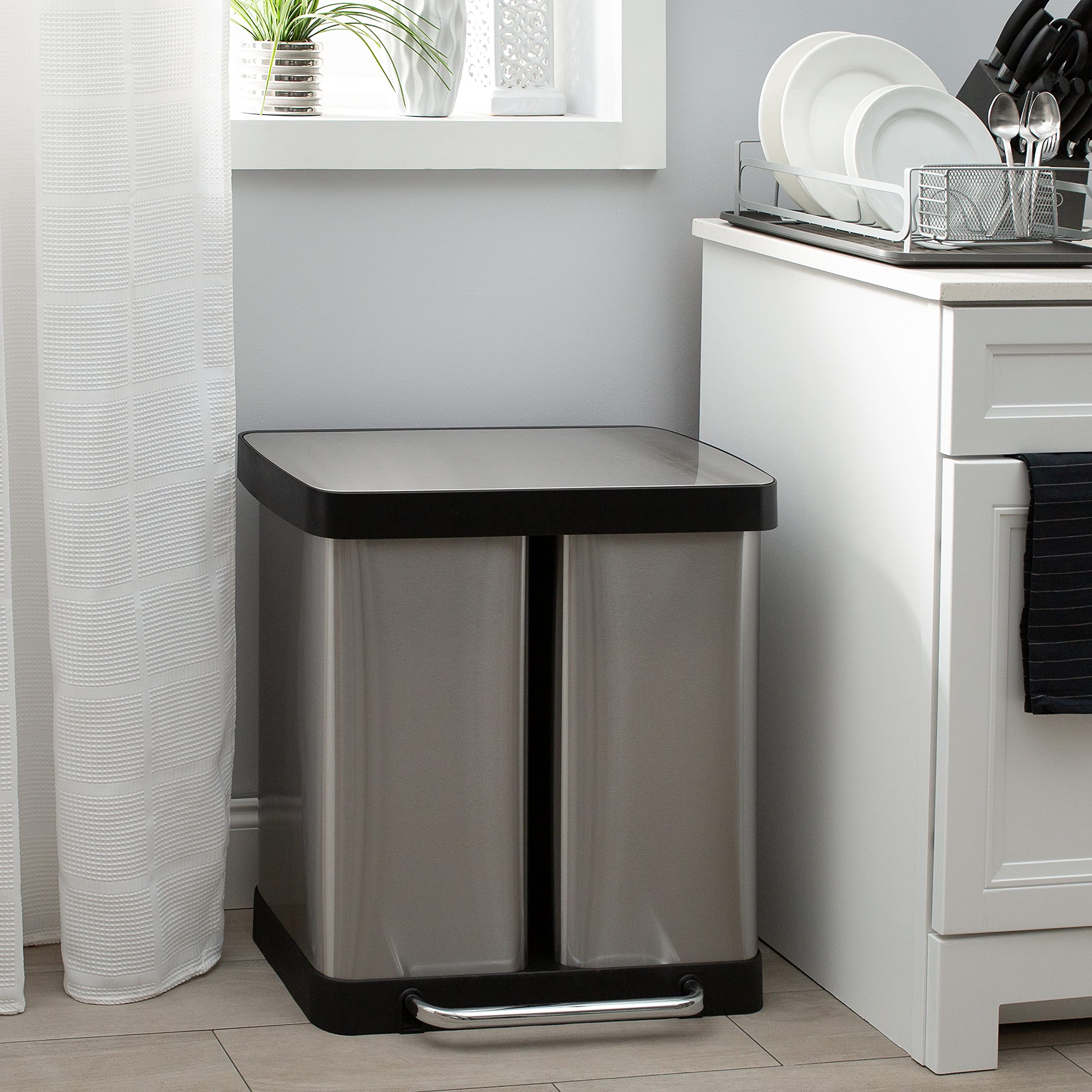 Organize It All Neu Home 60 L Dual Compartment Recycling Bin | Dimensions: 22.8" x 13.8" x 24.4" | Dual Compartment | Finger Print Proof | Removeable Liners | Grey | Kitchen Accessories