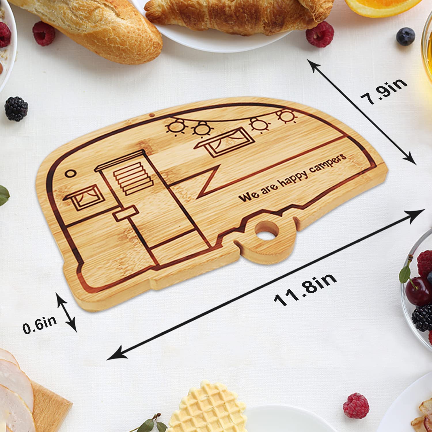 Haigoo RV Cutting Board Campsite Retro Happy Camper Bamboo Wood Camper Chopping Board Perfect Funny Serving Tray for Vegetables Fruit Cheese, RV Camper gifts,Home Deco