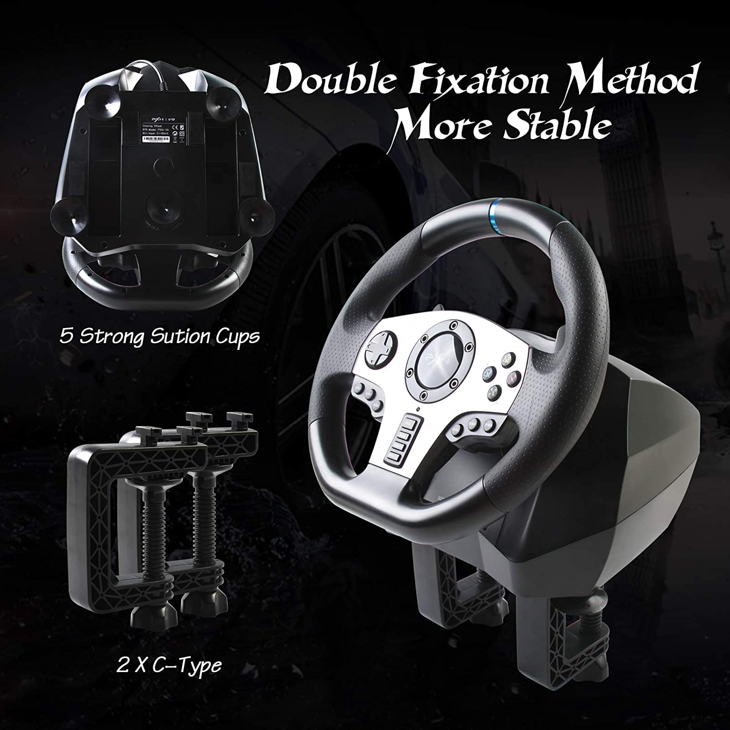 Gaming Racing Wheel, PXN V9 270°/900° Adjustable Racing Steering Wheel, with Clutch and Shifter, Support Vibration and Headset Function, Suitable for PC, PS3, PS4, Xbox One, Nintendo Switch.