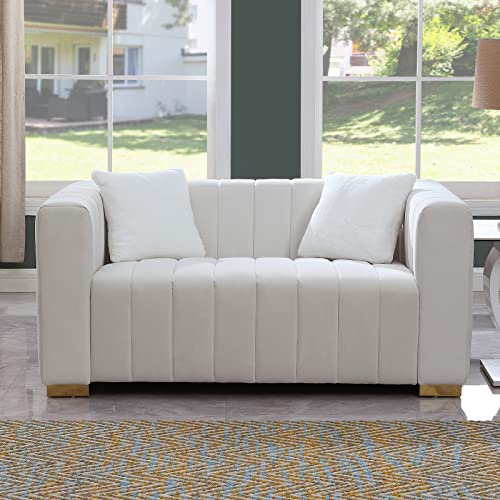 kevinplus 62.6'' Loveseat Chesterfield Sofa Couch for Living Room, Velvet Modern 2-Seat Upholstered Sofa Couch for Apartment Bedroom Dorm Office, Strong Gold Metal Legs, 2 Pillows, White