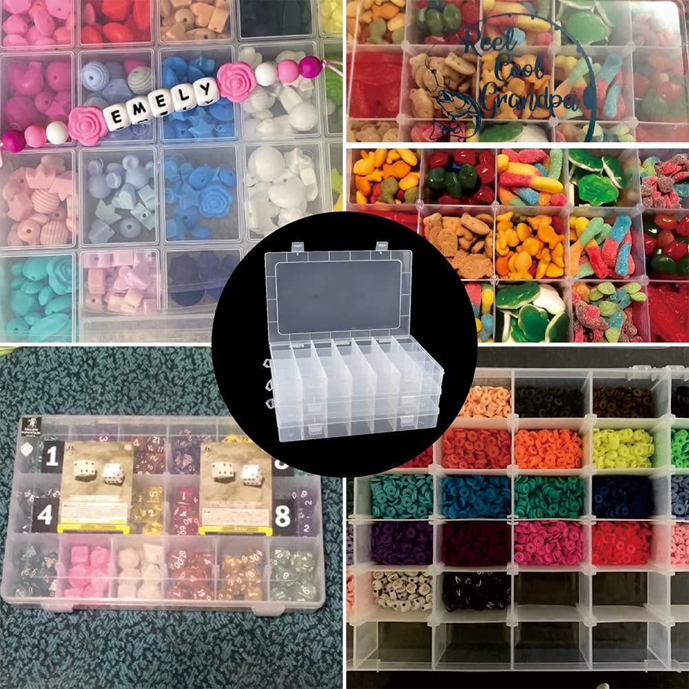 Organizer Box with Parkical Adjustable Dividers, 28 Grids Plastic Storage Container for Jewelry, Craft DIY, Bead Organizer, Sewing, Dip Powder, Hair Accessories (3 Pack 28 Compartment Organizer Box)