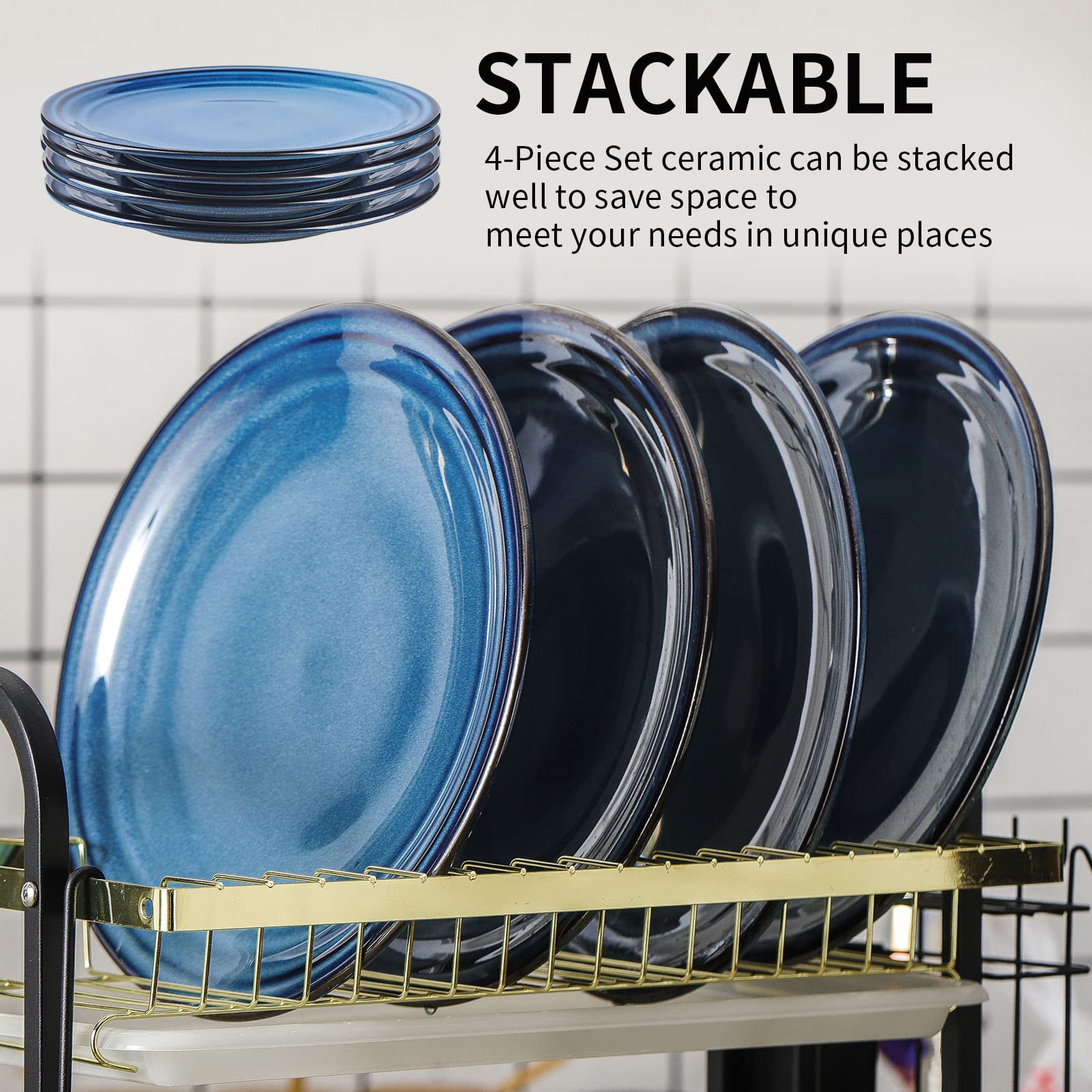 Hasense Ceramic Dinner Plates Set of 4,10 Inch Large Porcelain Pasta and Salad Plates,Blue Stoneware Plate Set Microwave,Oven,and Dishwasher Safe