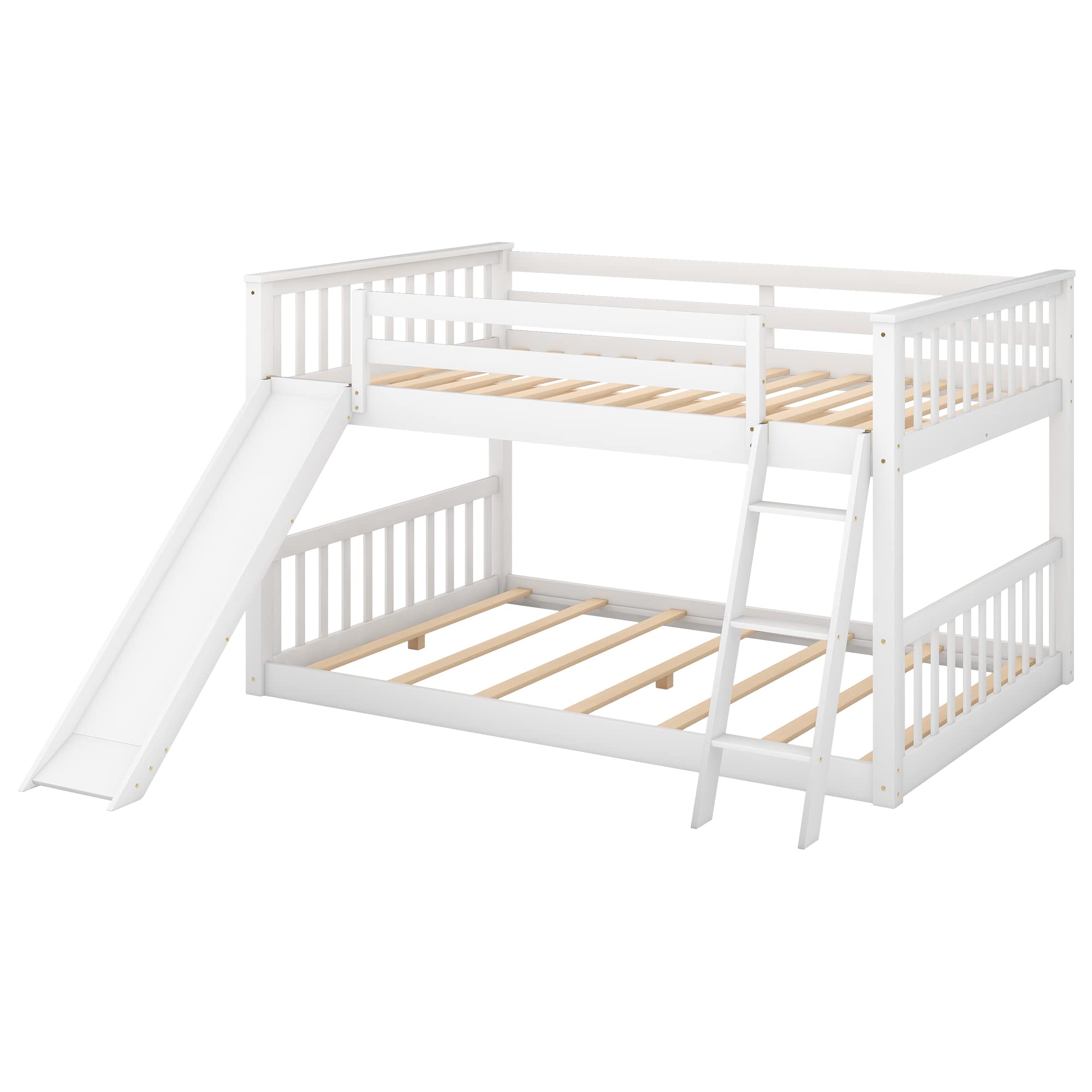 Jintop Full Over Full Bunk Bed with Convertible or Removable Slide and Ladder,Modern Loft Shelf Bed,w/Slat Support,No Box Spring Needed,for Apartment,Bedroom,Guest Room,White