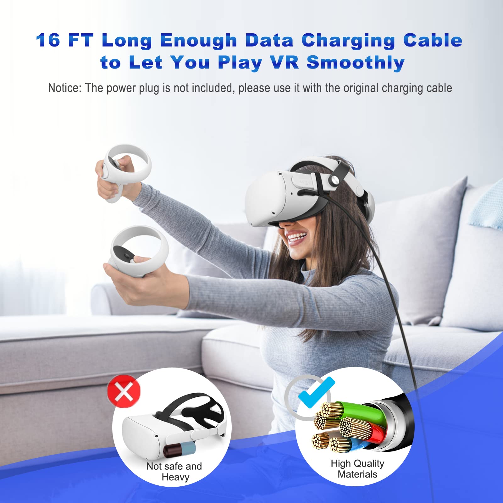 Esimen (Upgraded 16FT Link Cable Compatible for Oculus Quest 2/Meta Quest Pro with Extra Charging Port, Separate Charging Port for Intensifier, 5V 2A USB 3.2 Fast Charing Cable Accessories (Black)