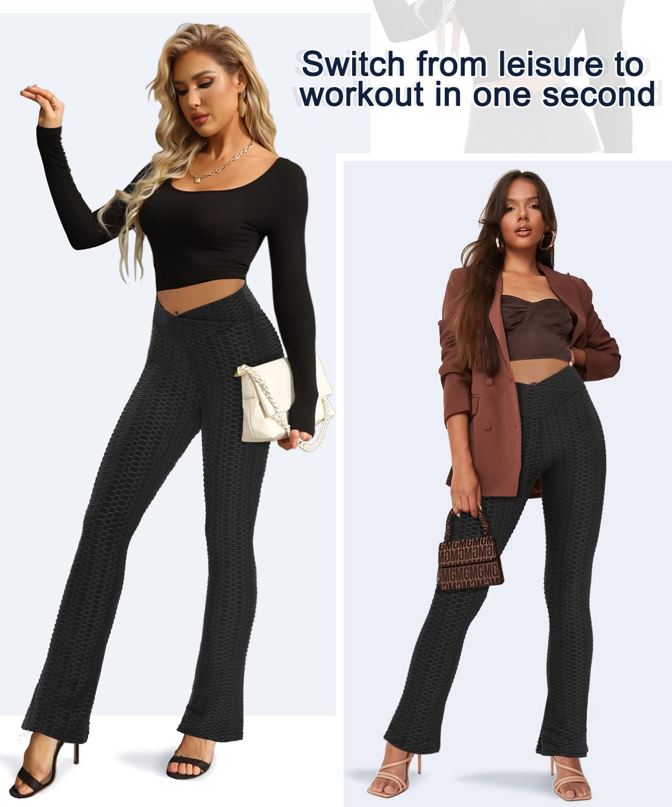 FIGKICKSEN High Waisted Flare Pants for Women Crossover Honeycomb Bootcut Yoga Pants Bootleg Wide Leg Leggings Black