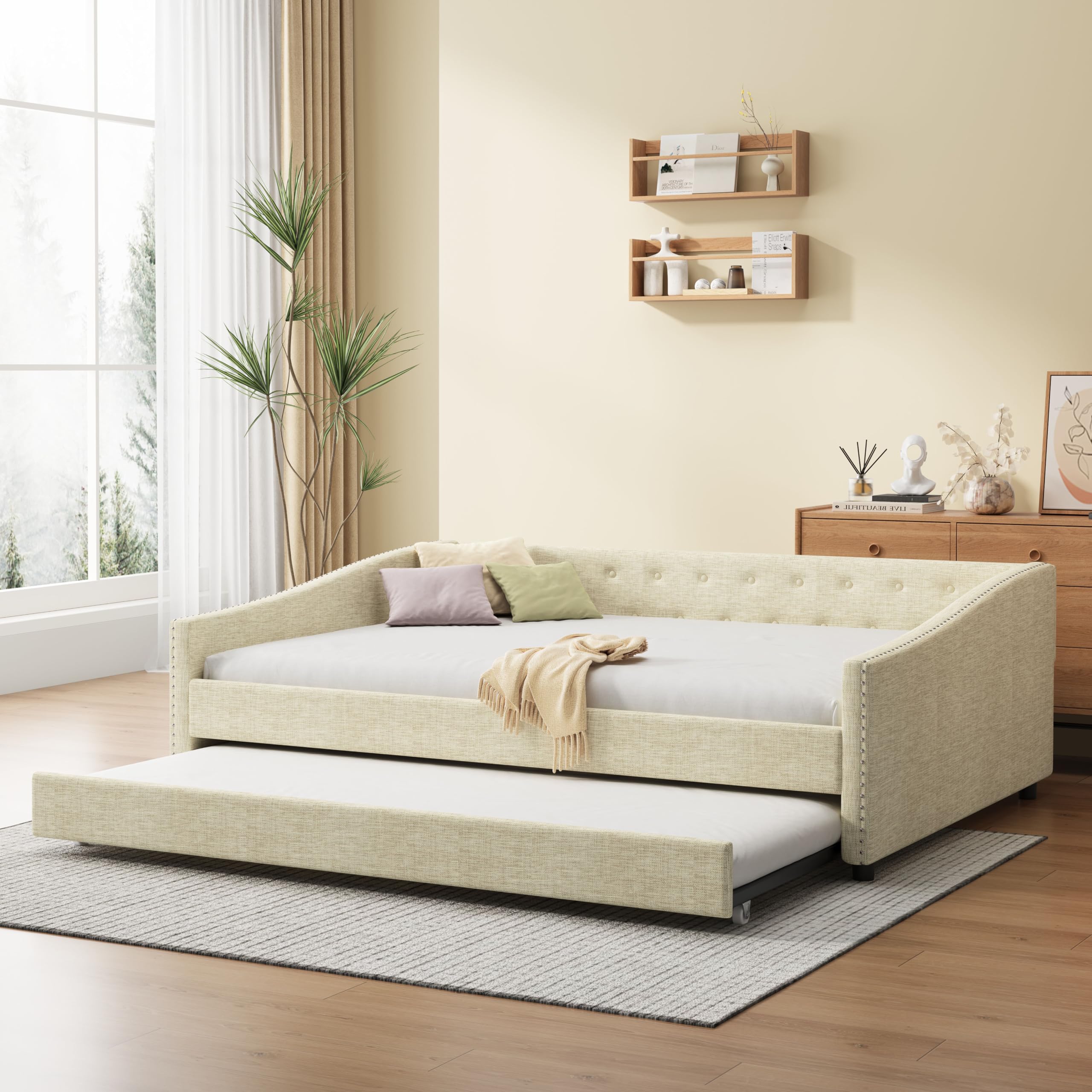Jintop Full Size Velvet Upholstered Tufted Daybed with 2 Drawers,Modern Wood Bed Frame w/Armrests,Slat Support,No Box Spring Needed,Daybeds for Apartment,Bedroom,Guest Room,Beige