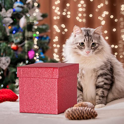 UNIQOOO 5Pcs Red Glitter Christmas Gift Box Set with Lid, Assorted Size, Square Nested Wedding Keepsake Boxes, Holiday Paper Box Tower Organizer For Birthday Party, Mother's Day Gift Wrap Packaging