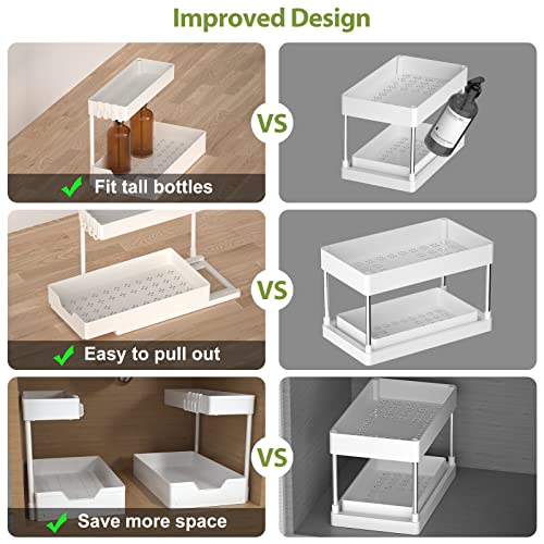 Minimalist Studio Under Sink Organizers and Storage 2 Pack L-Shape Kitchen Bathroom Organization, 2-Tier Sliding Storage Under Bathroom Kitchen Sink Cabinet Organizer Shelf Pull Out with Drawer(White)