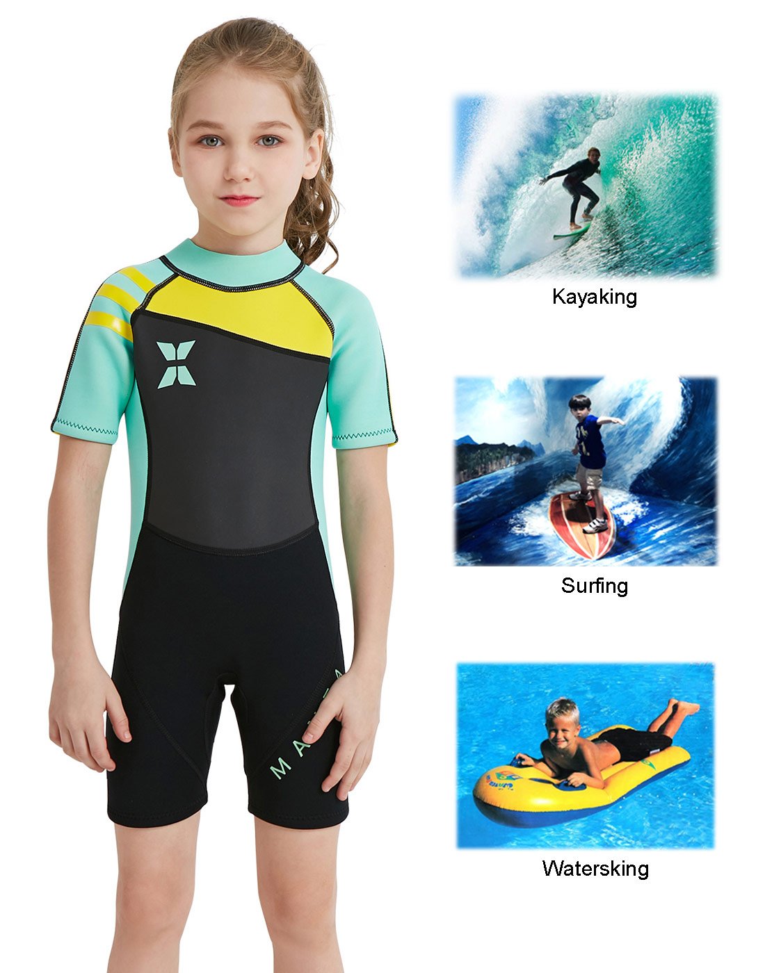 DIVE & SAIL Kids Shorty Suit Short Sleeve Warm Wetsuit 2.5mm Diving Suit Full Suit Back Zipper One Piece Swimsuit Green S