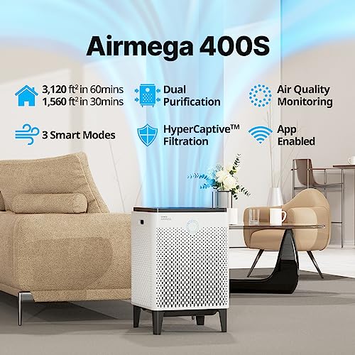 Coway Airmega 400S App-Enabled Smart Air Purifier (Covers 1,560 sq. ft.), True HEPA Air Purifier with Smart Technology, Compatible with Amazon Alexa and Google Home, White (111012)