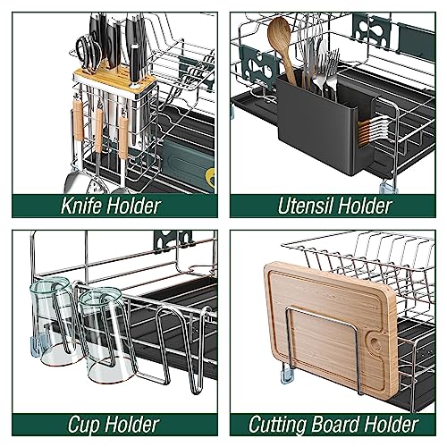 slhsy Dish Drying Rack,2 Tier Dish Racks for Kitchen Counter, Rust-Proof Dish Drainer,Large Dish Drying Rack with Drainboard,Utensil Holder,Knife Block and Drying Mat