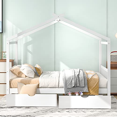 Merax Full Size House Platform Bed Frames with with Two Drawers, Headboard and Footboard/No Box Spring Needed/Easy Assembly