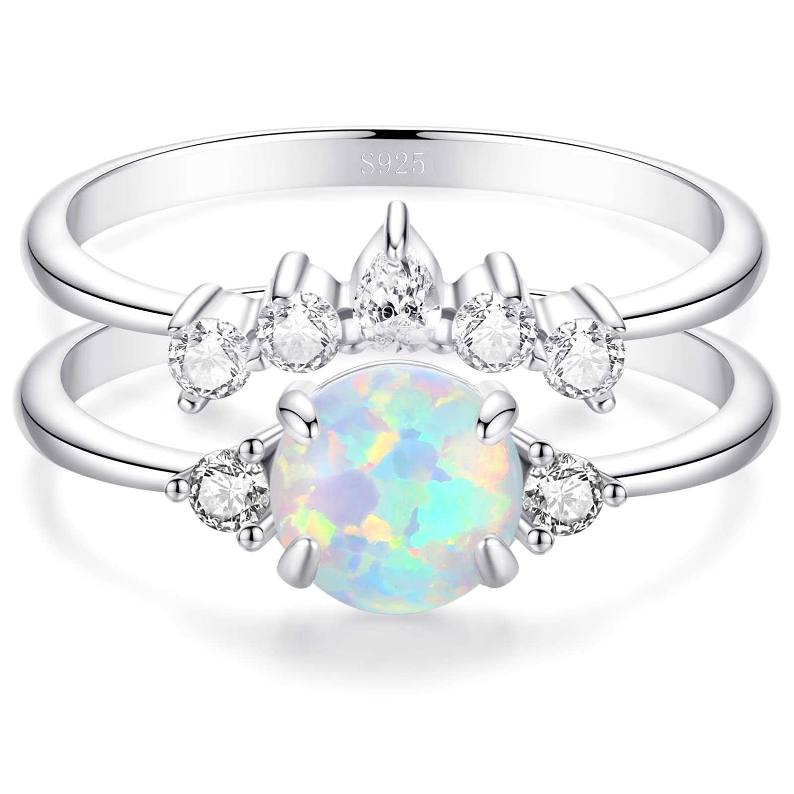 Fiklon 925 Sterling Silver Stackable Opal Ring Set White Gold Dainty Cubic Zirconia Crown Princess Rings Delicate Opal Stone Crystal Jewelry (Opal Ring Set, 6)