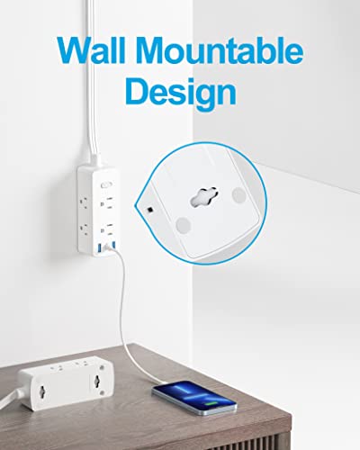Flat Plug Power Strip - 6 Outlets 3 USB Ports (1 USB C) with 4.5ft Flat Extension Cord, Wall Mountable, Low Profile for Narrow Spaces in Kitchen Bedroom, Cruise Ship Travel Dorm Room Essentials