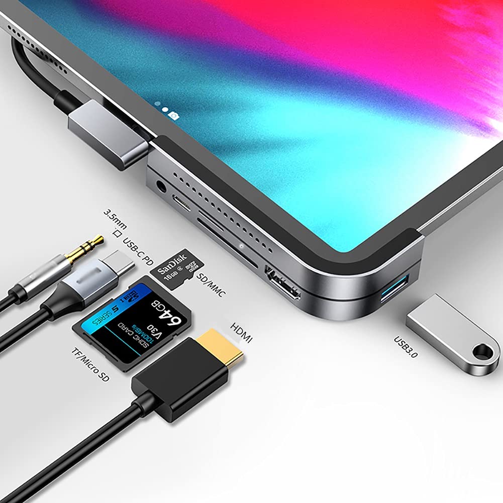 Hub Dock Adapter 6 in 1 USB-C Splitter USB C Hub Adapter with 4K HDMI, USB 3.0, SD/TF Card Reader, 3.5mm Audio Port, USB C PD, USB C Dock Computer Accessories
