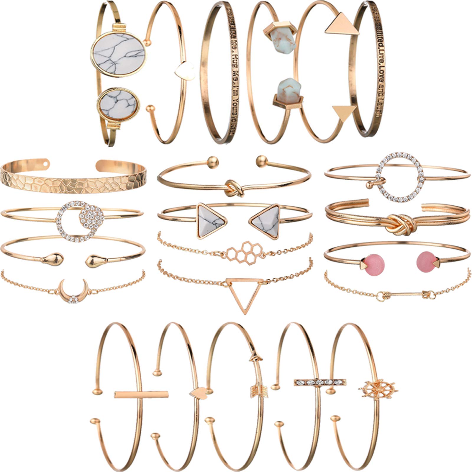 yunanwa 5 PACK (23pcs) Multiple Layered Stackable Open Cuff Wrap Bangle Bracelet Jewelry Adjustable for Women Wholesales Set Assorted
