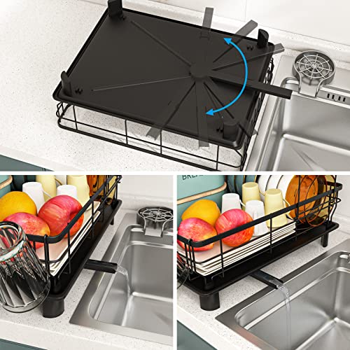 YGEOMER Large Dish Drying Rack, 2-Tier Dish Racks for Kitchen Counter, Detachable Dish Drainers with Utensil Holder, Kitchen Gadgets with Drainboard & Cup Holders, Black