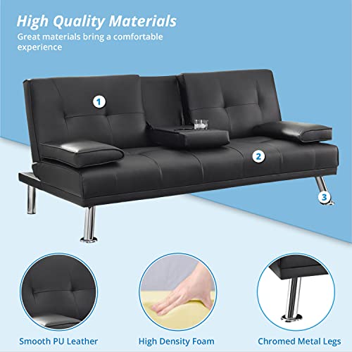 Naomi Home Black Futon Sofa Bed, Faux Leather Futon Couch with Armrest and 2 Cupholders, Pull Out Sofa Bed Couch with Metal Legs, Reclining Small Couch Bed, Black Couches for Living Room