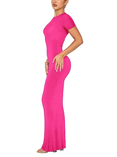 REORIA Women's Summer Sexy Casual Lounge Long Dress Elegant Wedding Guest Short Sleeve Crew Neck Bodycon Maxi Dresses Rose Red Medium