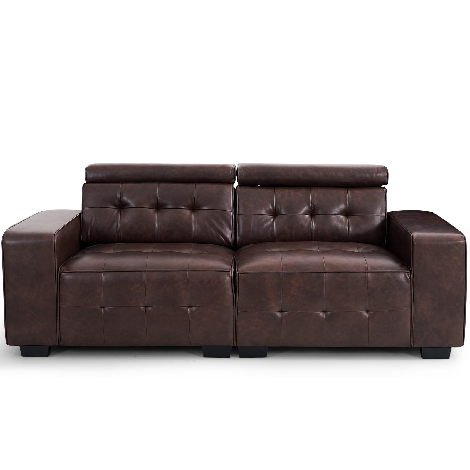 KeyEnergy 82" Faux Leather Sofa Couch, Adjustable Headrests, 25D Memory Foam Cushions,Modern 2 Seat Sofas,loveseat,Three Seater Sofa,Suitable for Living Room, Apartment, Office, Brown Couch