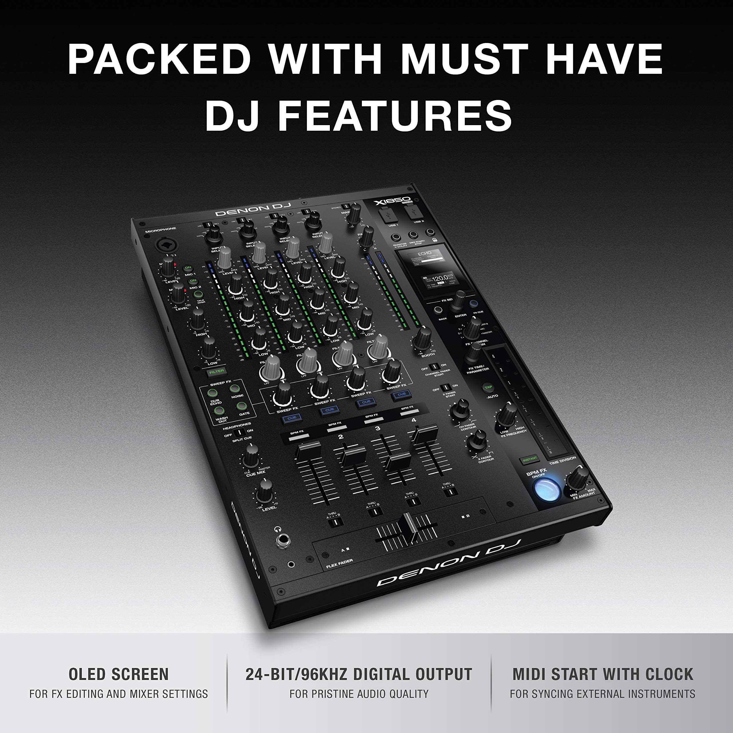 Denon DJ X1850 PRIME – Professional 4 Channel Digital DJ Mixer With USB, Digital and Switchable Phono/Line Inputs Plus Built-In DJ FX