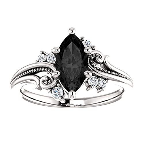 Filigree Black Marquise Ring White Gold, Floral Marquise Shape Onyx Black Simulated Diamonds Engagement Ring, Woodland Black Marquise Proposal Ring, Twig Leaf Ring (7)