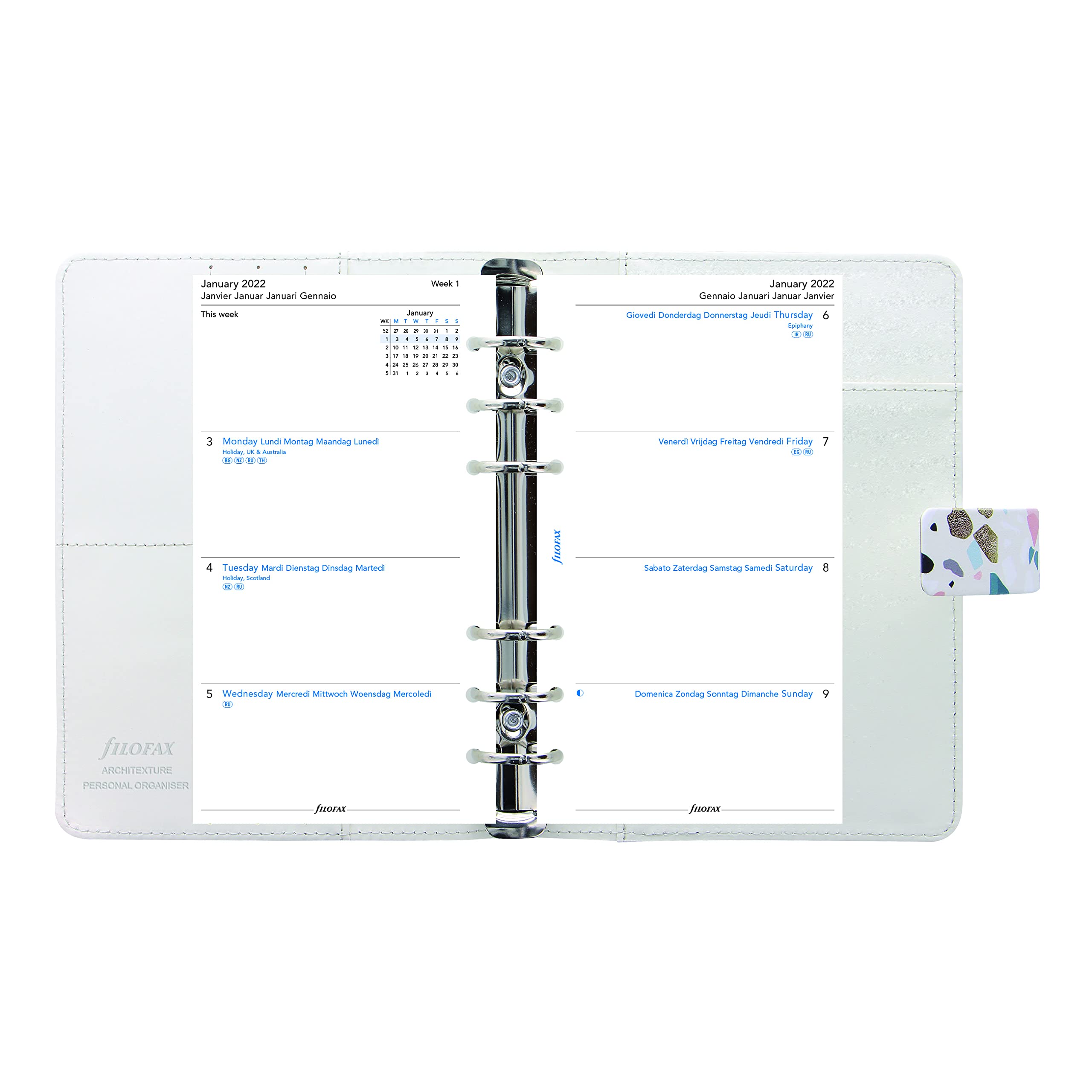 Filofax Architexture Organizer, Personal Size, Terrazzo - Italian Inspired, Flecked Foil Design, Six Rings, Week-to-View Calendar Diary, Multilingual, 2022 (C029701-22)