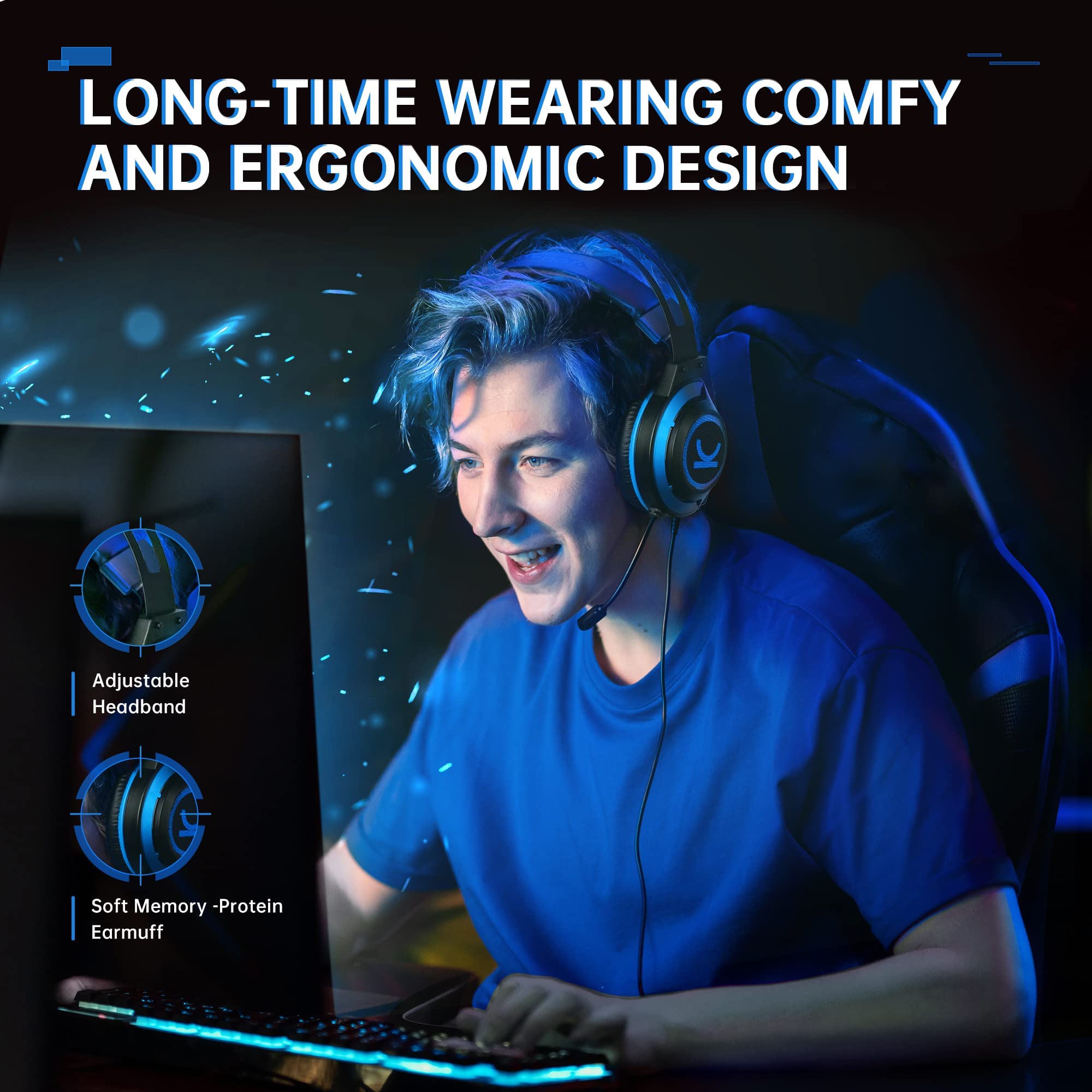 E-YEEGER Gaming Headset PS4 Headset with 7.1 Surround Sound Stereo Xbox One Headset, Gaming Headphones with Noise Canceling Mic & Memory Foam Ear Pads for PC/PS4/PS5/Xbox one/Nintendo Switch Blue