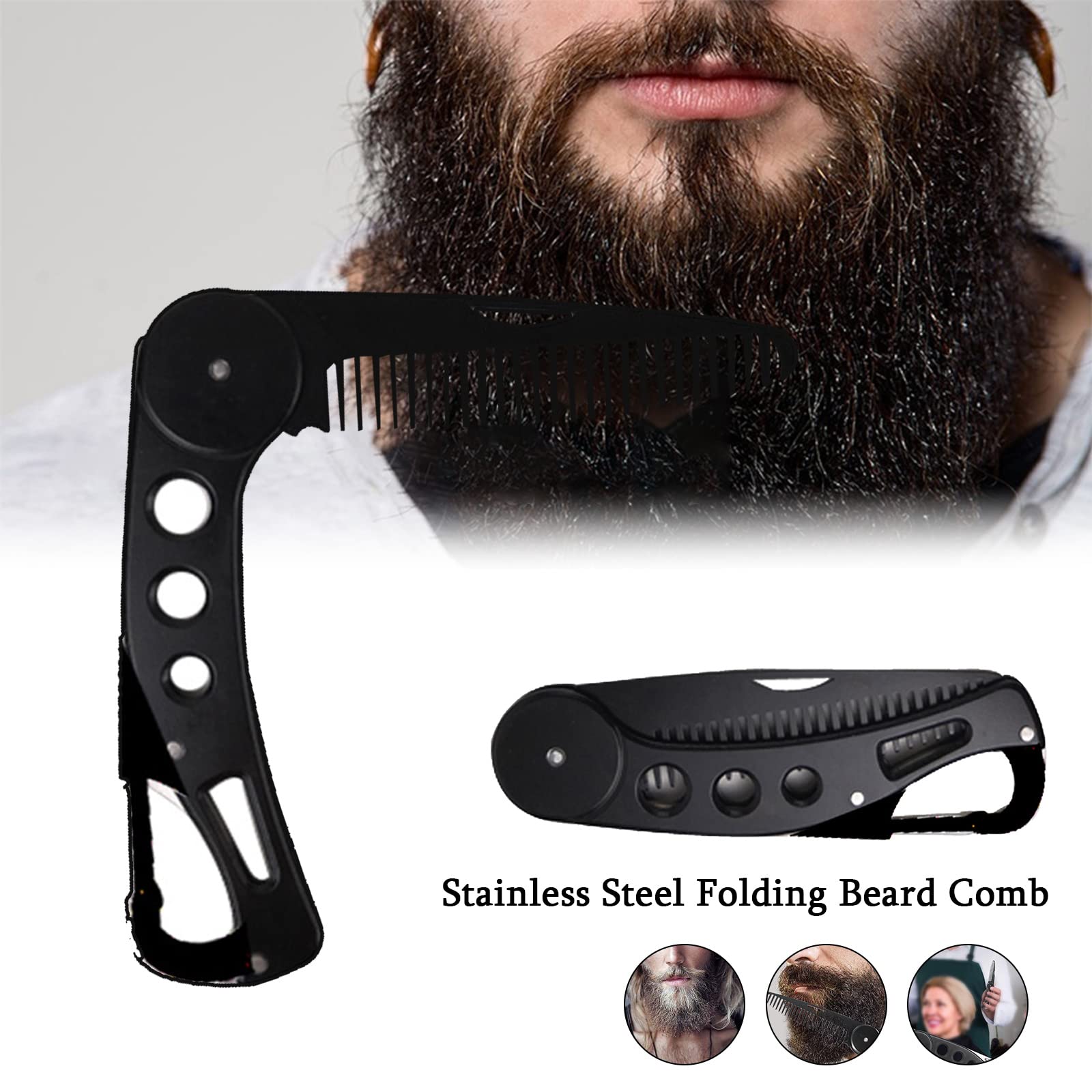 HUATOL Stainless Steel Folding Beard Comb，Portable Bottle Opener and Key Chain for Men Grooming, Combing Hair and Beard
