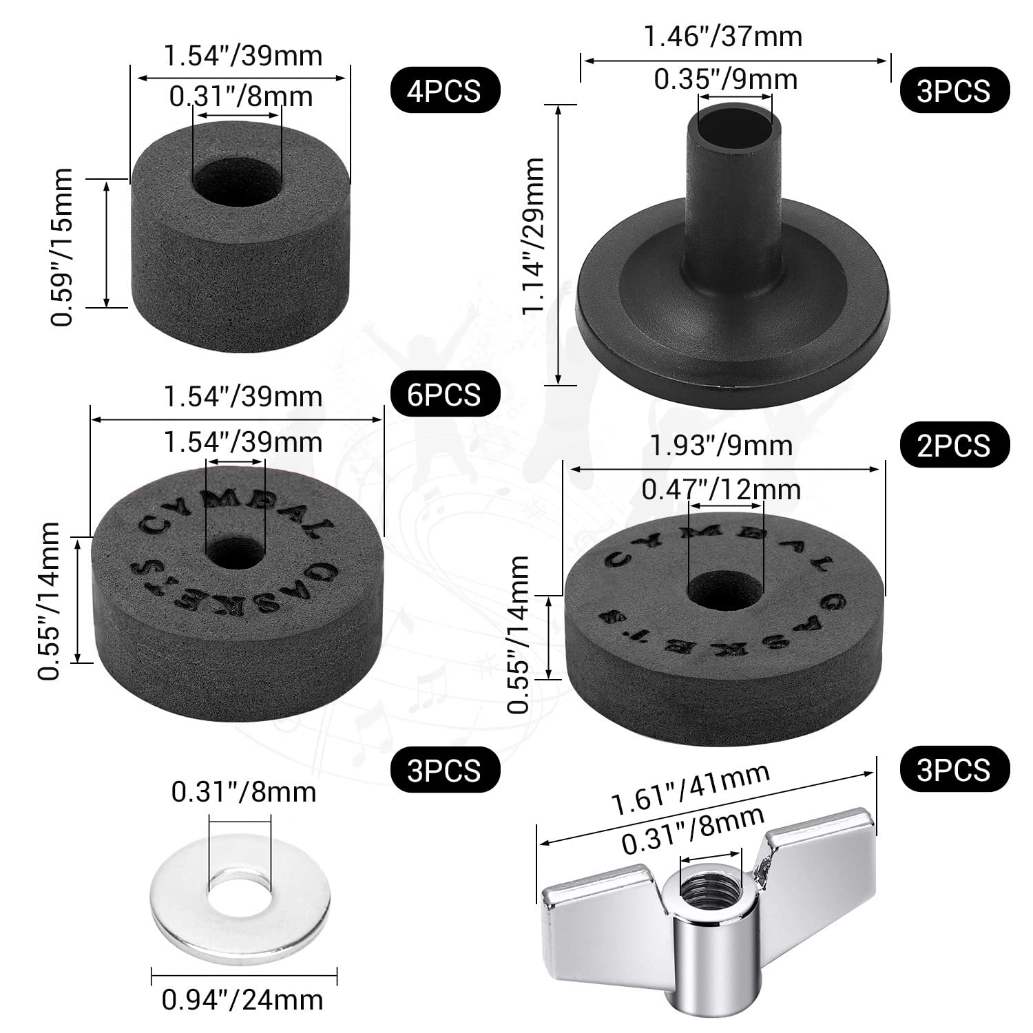 Facmogu 23PCS EVA Material Cymbal Replacement Accessories, Cymbal Stand Tubes, Drum Cymbal EVA Pads Include Wing Nuts, Washers, Cymbal Sleeves & Drum Key - Black